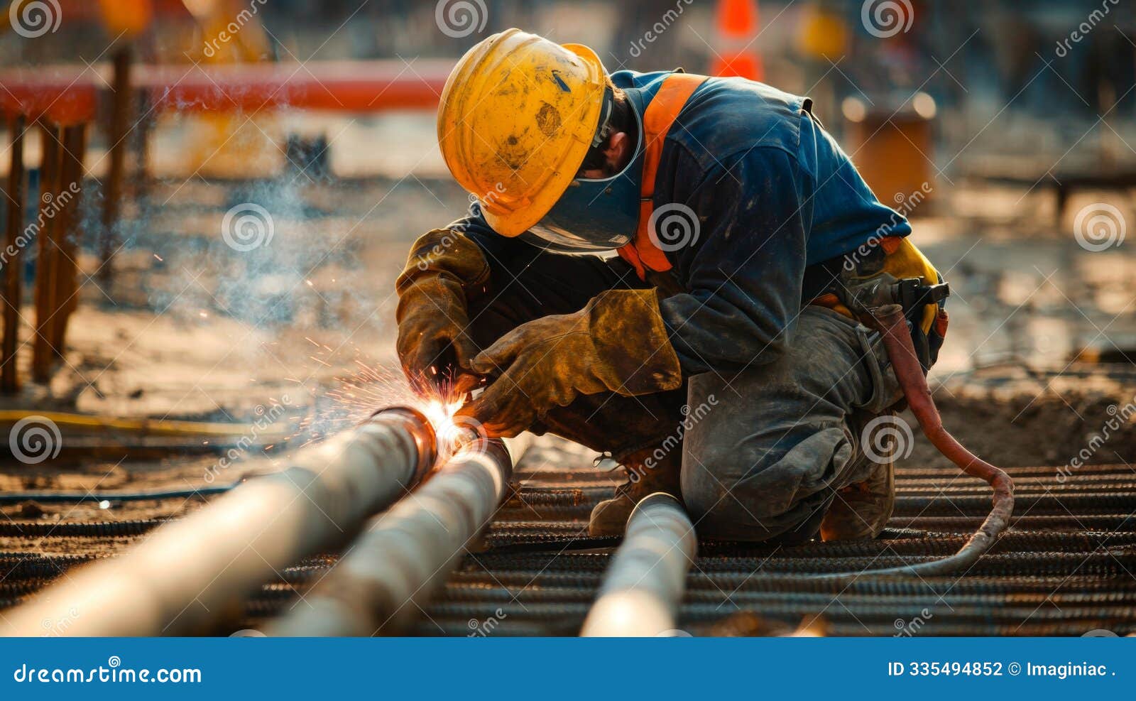 Construction Worker Welding Steel Rebar on a Construction Site Stock ...