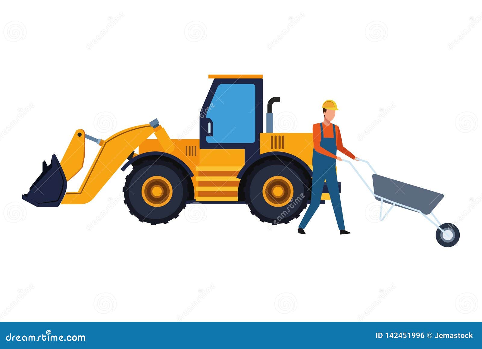 Construction Worker with Wheelbarrow and Backhoe Colorful Stock Vector ...