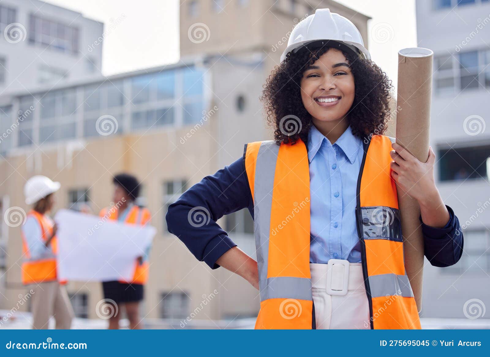 Construction Worker, Woman with Blueprint and Floor Plan, Engineering ...