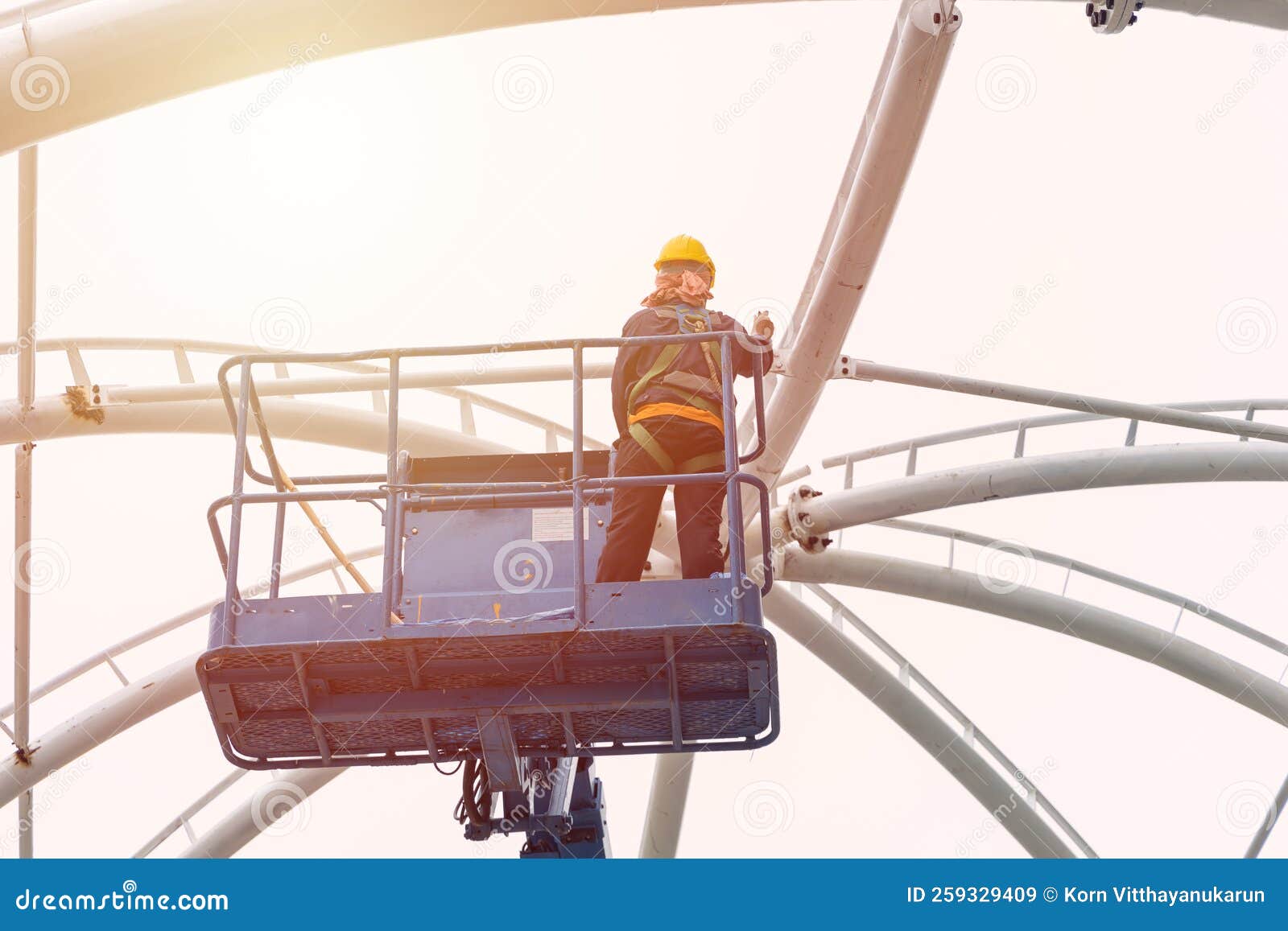 Construction Worker Work at High Construction Roof on Crane Platform ...