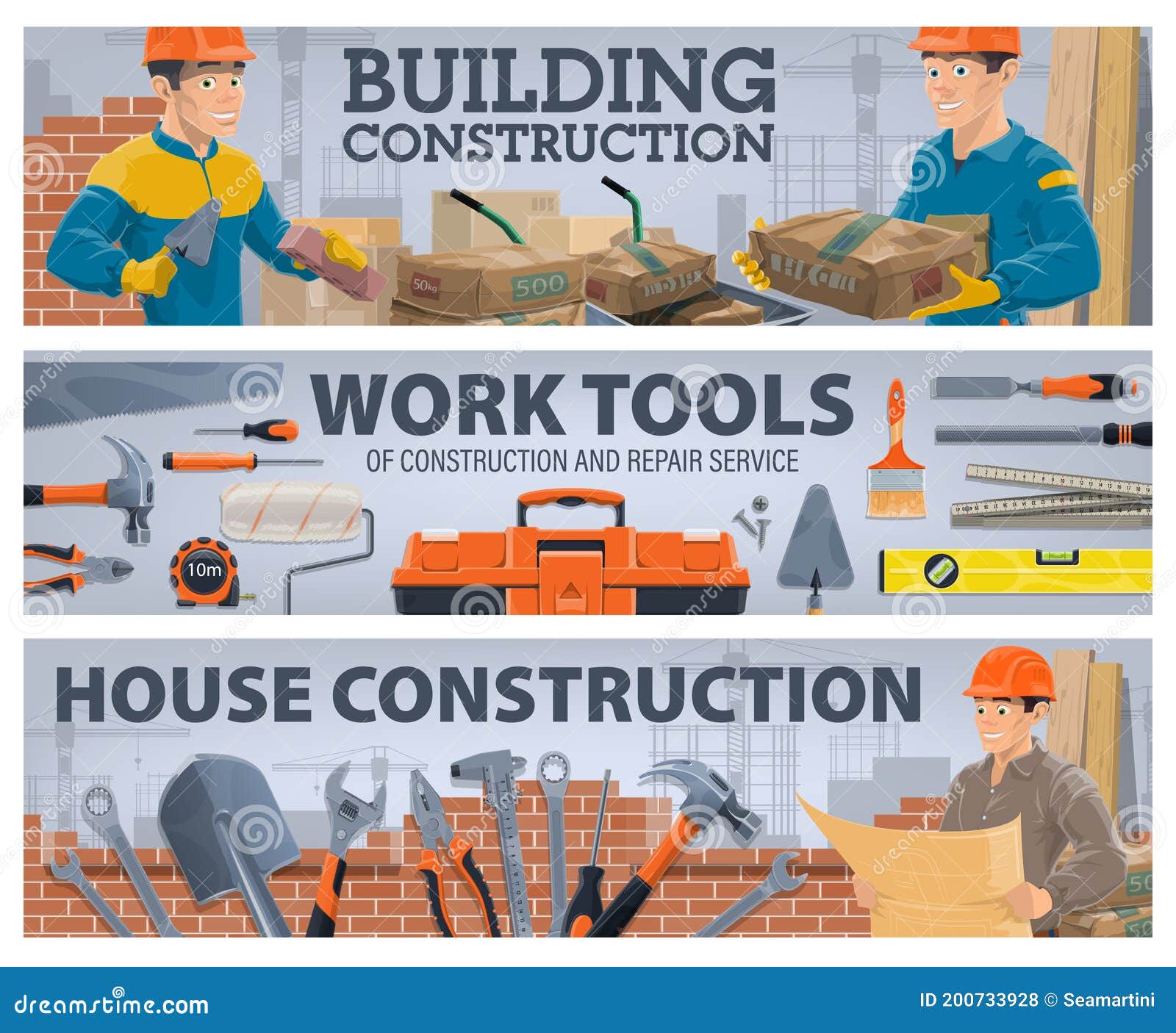 Construction Worker and Work Tools Vector Banners Stock Vector ...