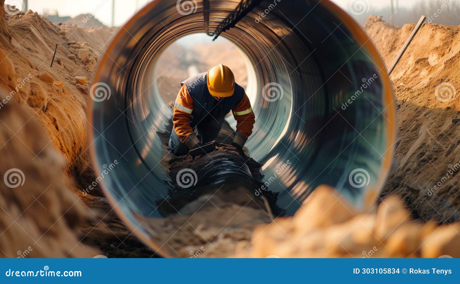 A Construction Worker Working with Big Pipeline Stock Photo - Image of ...