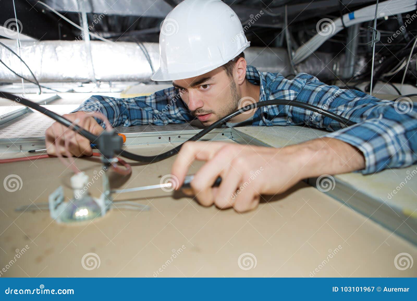 Construction Worker Working in Ceiling Stock Image - Image of skill ...