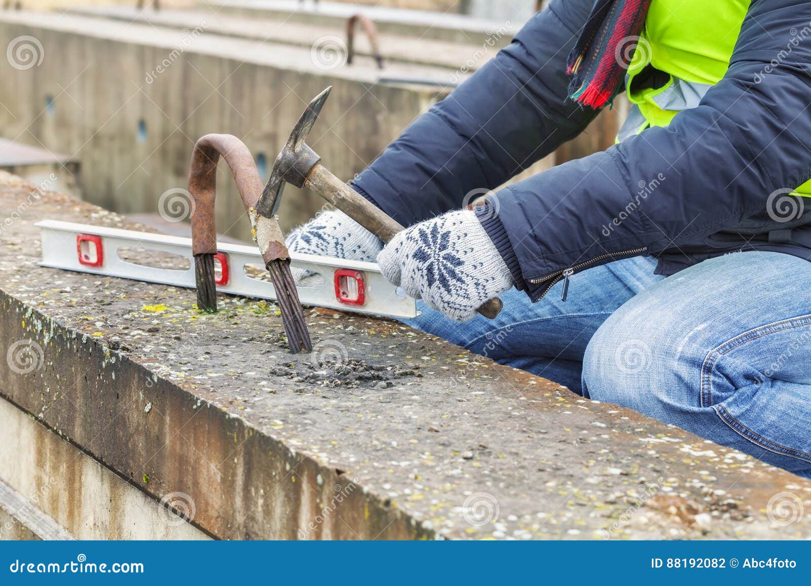 Construction Worker Working with Hammer Near Concrete Blocks Stock ...
