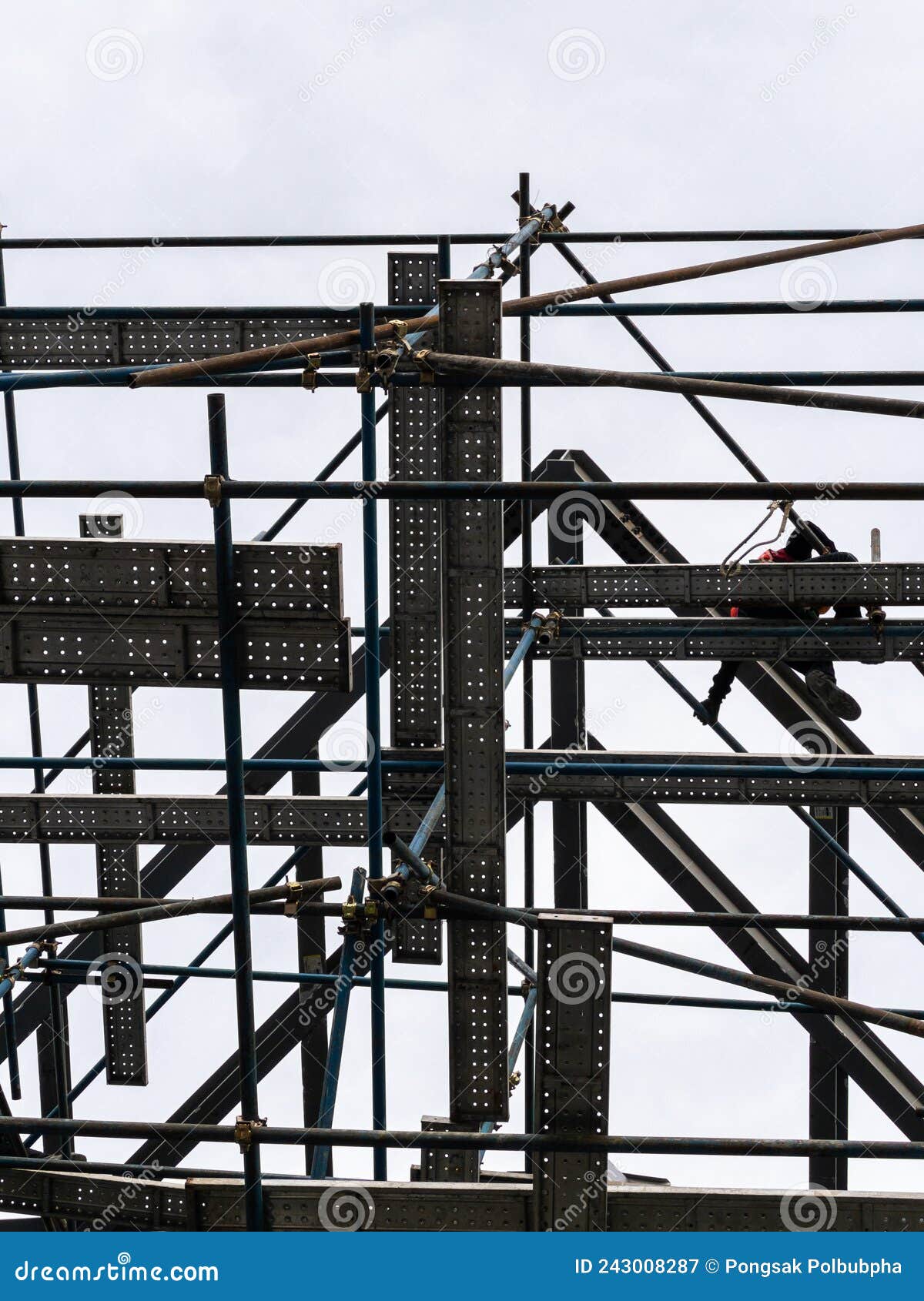 The Construction Worker is Working on the High Scaffolding Stock Image ...