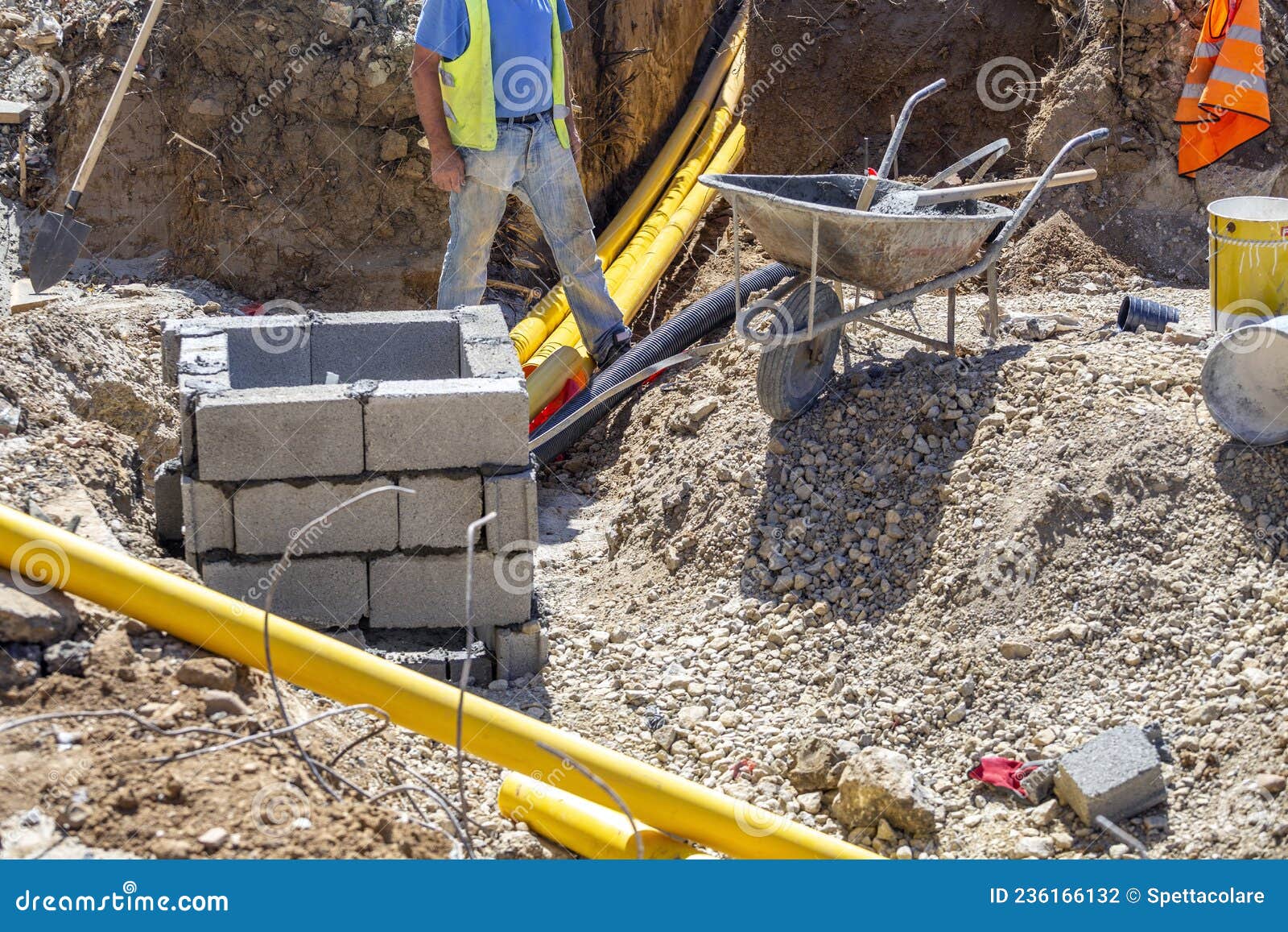 Construction Worker Working Inside Trench Installing Stock Photo ...