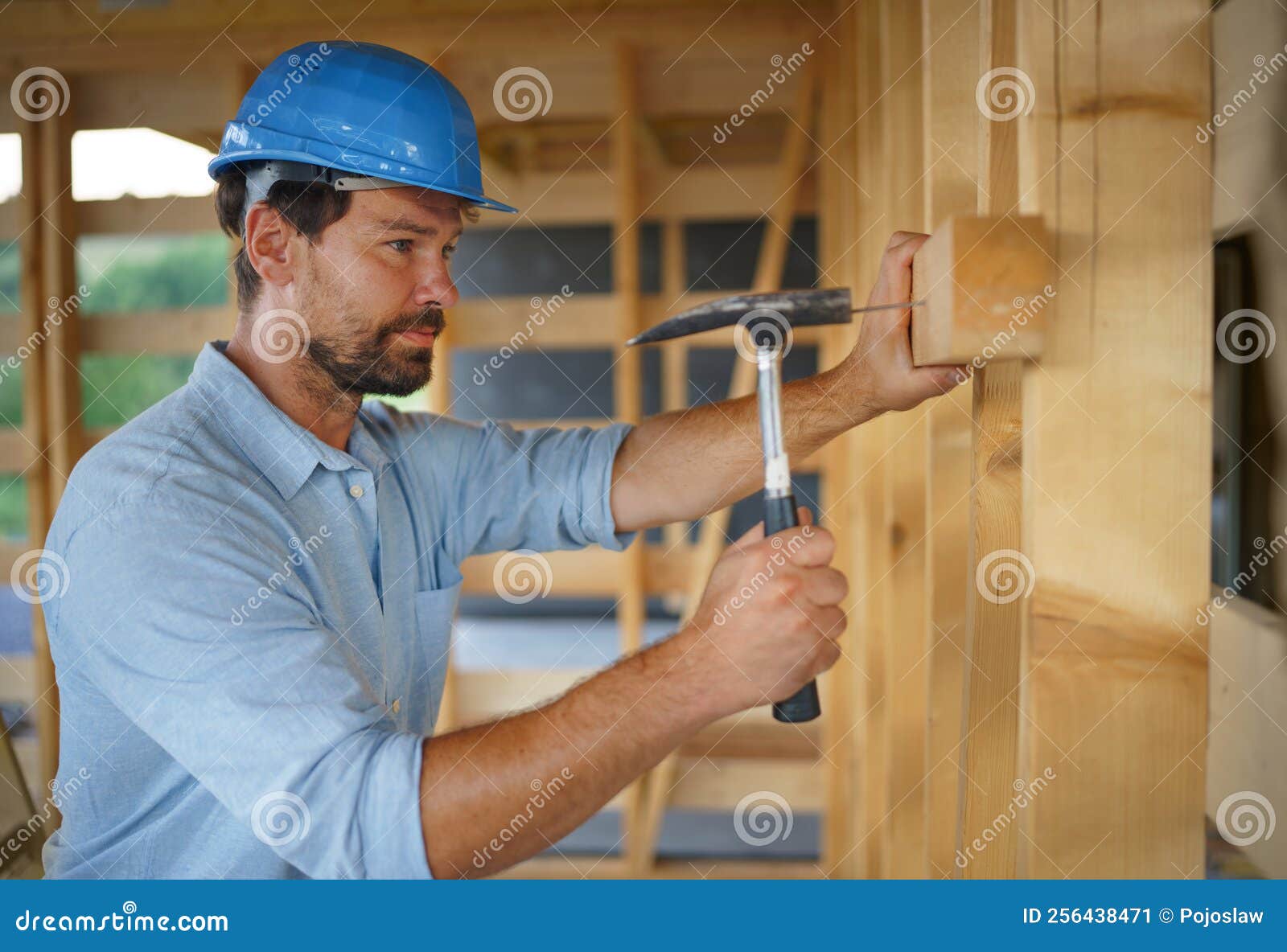 Construction Worker Working with Hammer on Wooden Frame, Diy Eco ...