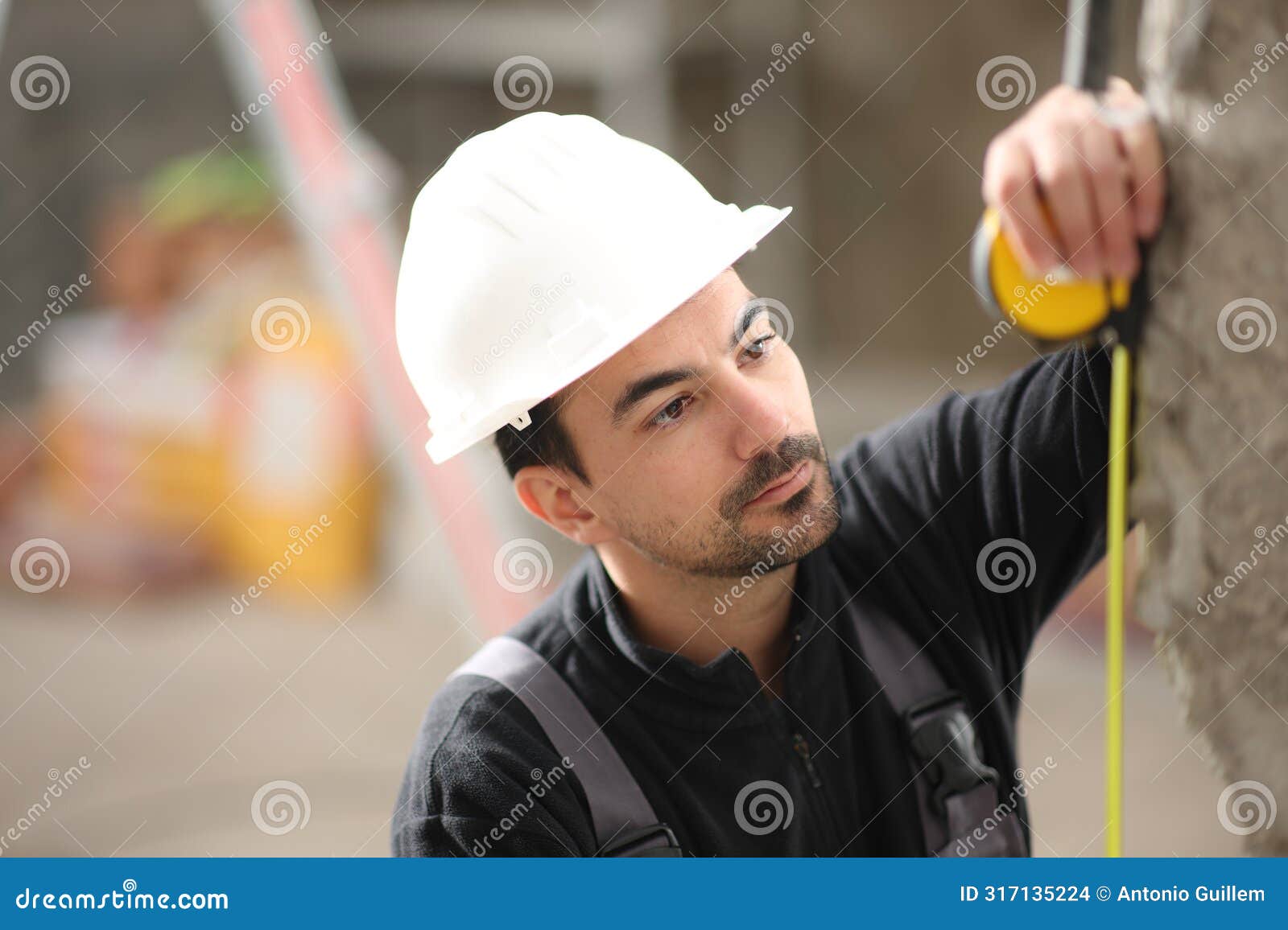 Construction Worker Working Taking Measures Stock Photo - Image of ...