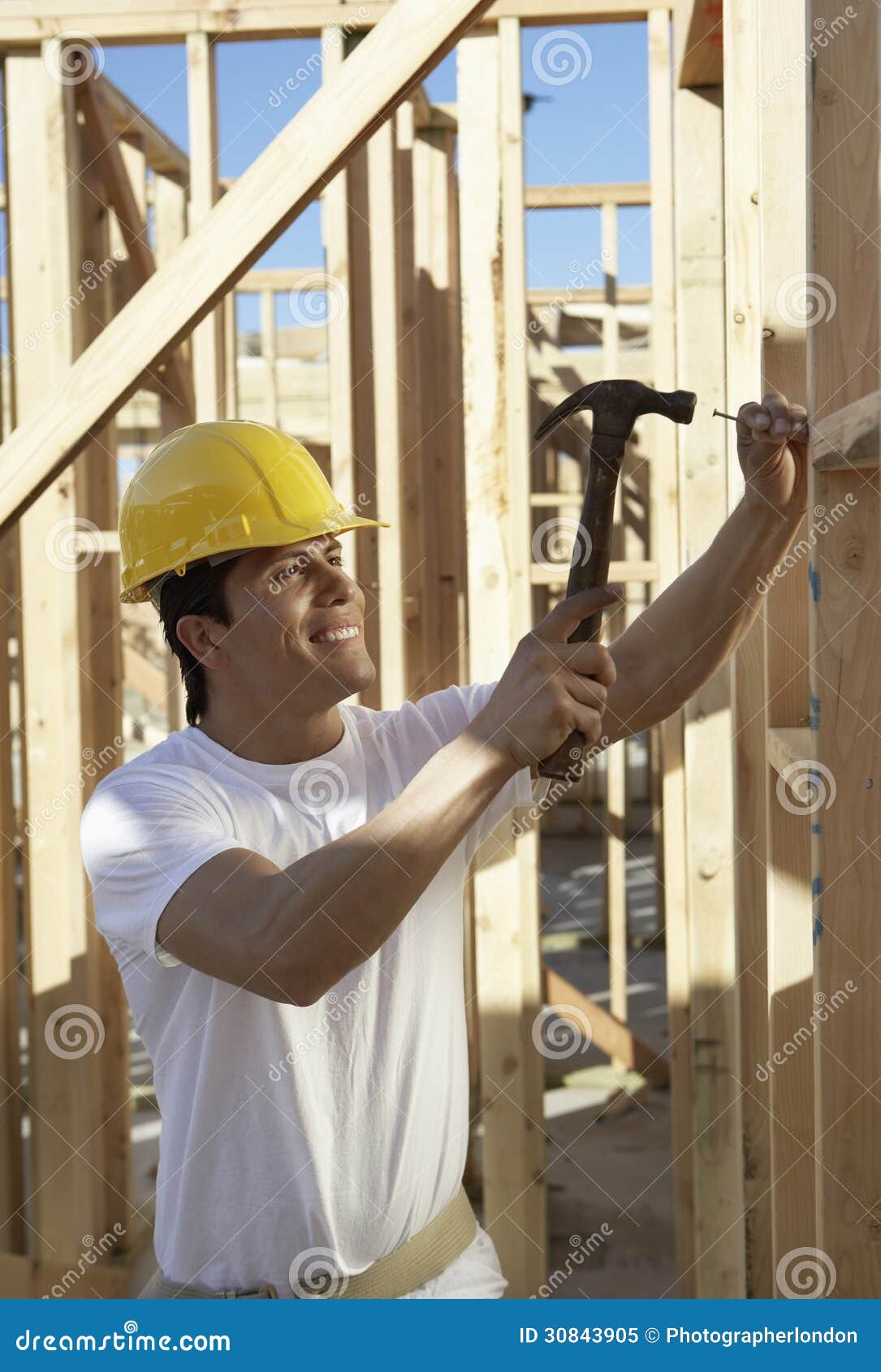 Construction Worker Working on Timber Frame Stock Image - Image of ...