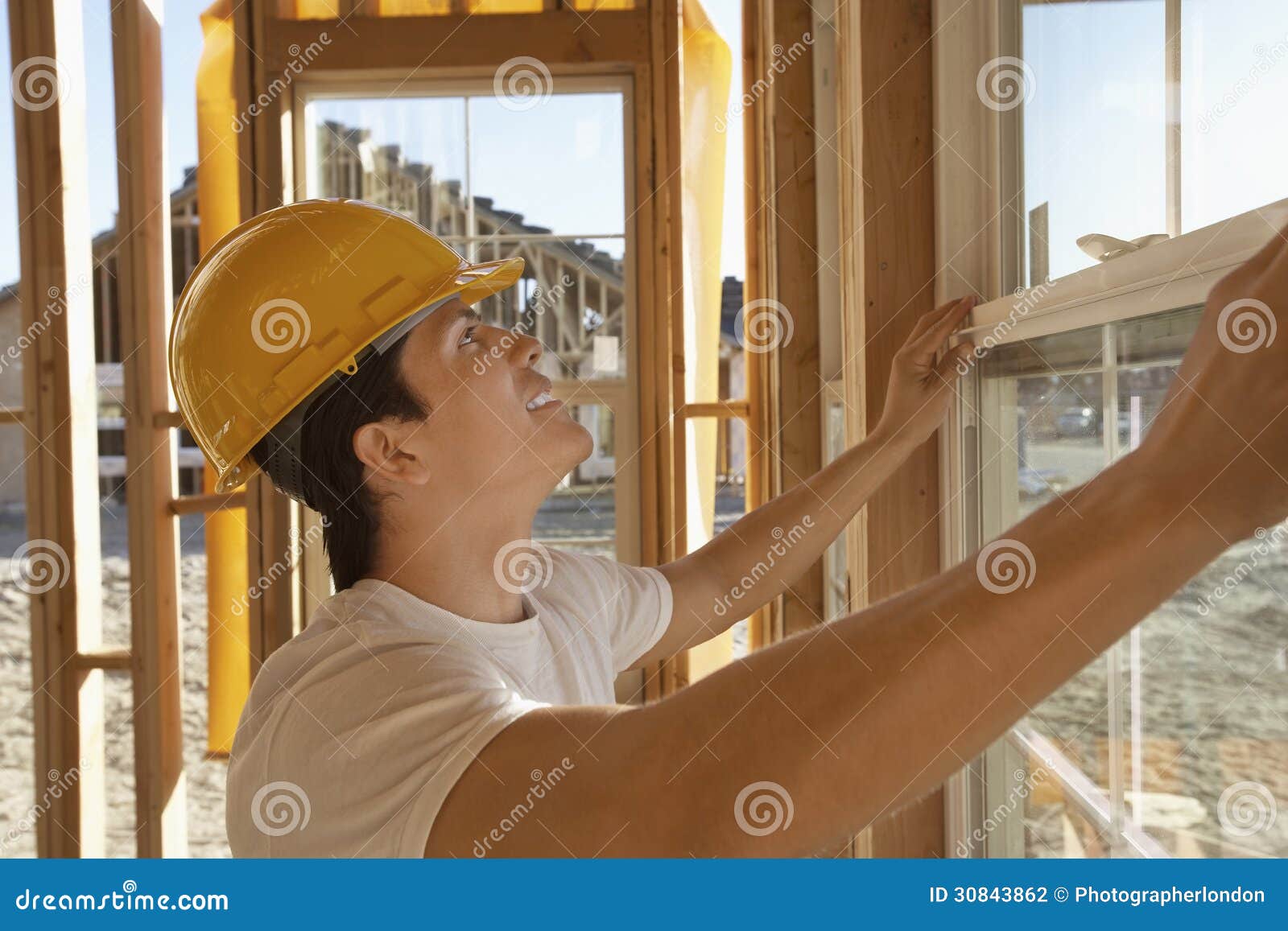 Construction Worker Working on Window Stock Photo - Image of industry ...