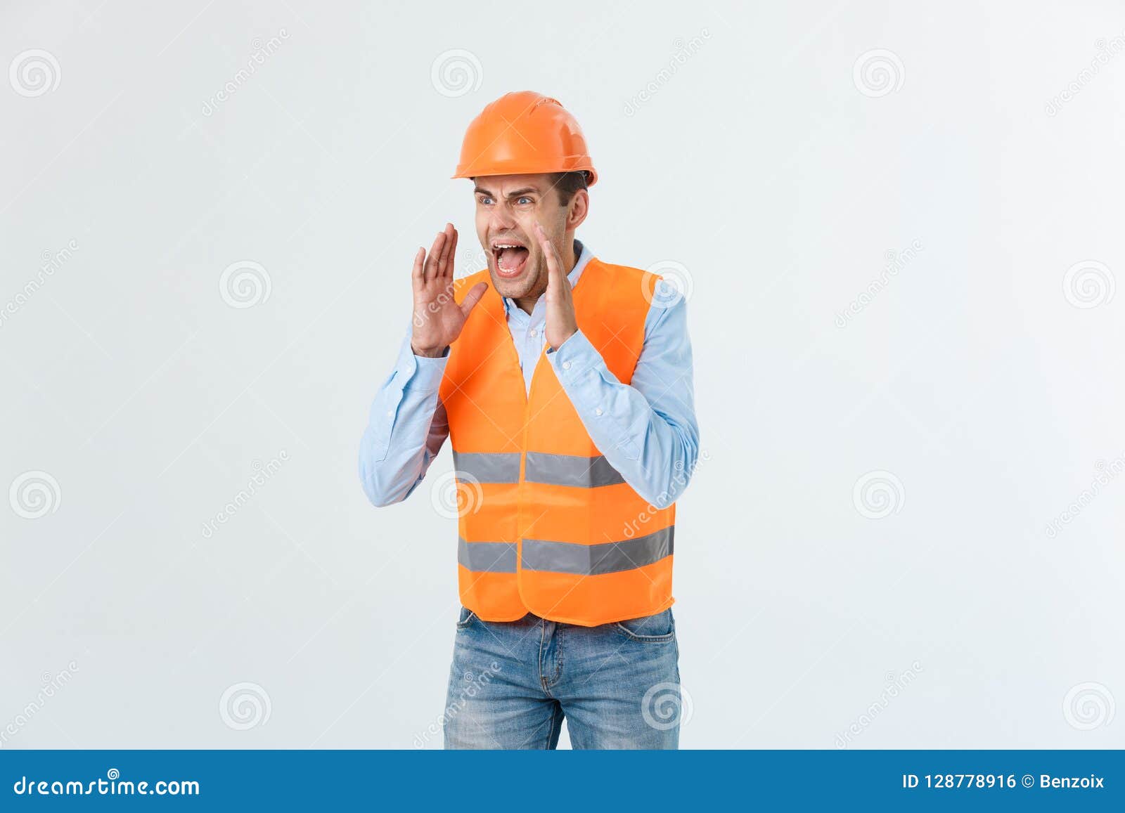 A Construction Worker Yelling Up at Something. Stock Photo - Image of ...