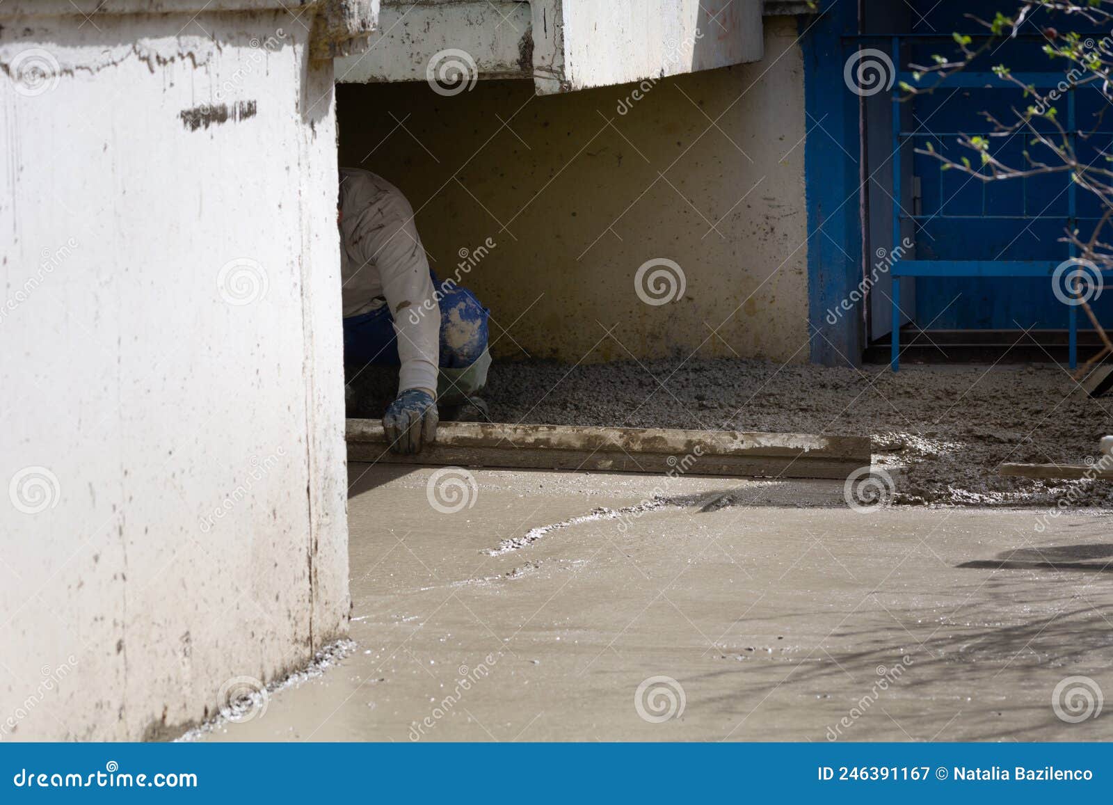 Construction Workers Aligns Concrete Screed. Construction, Foundation ...