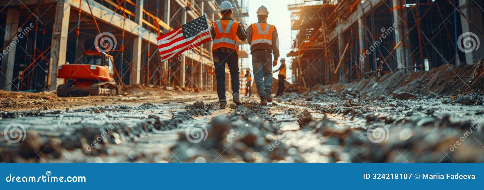 Construction Workers with American Flag at Building Site, Concept of ...