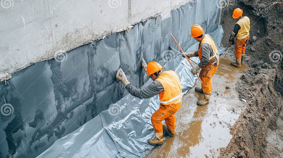 Construction Workers Applying Waterproofing Membrane To Foundation Wall ...