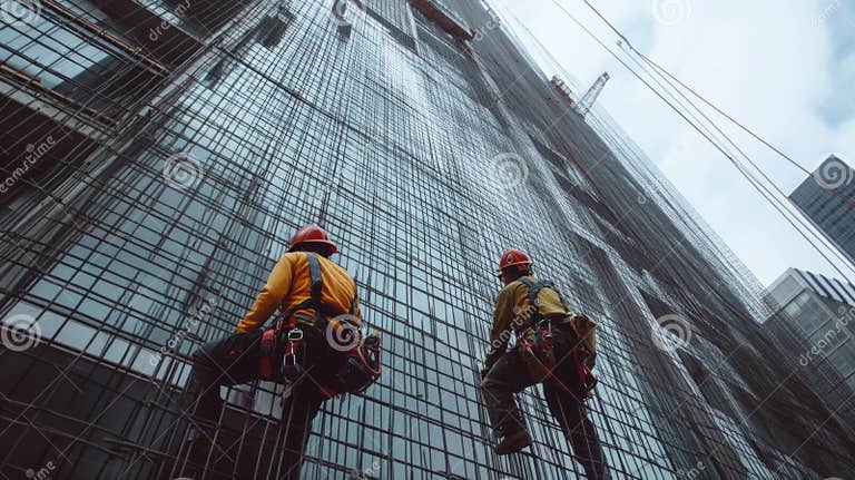 Construction Workers Ascending a Wire Mesh-Covered Skyscraper Stock ...