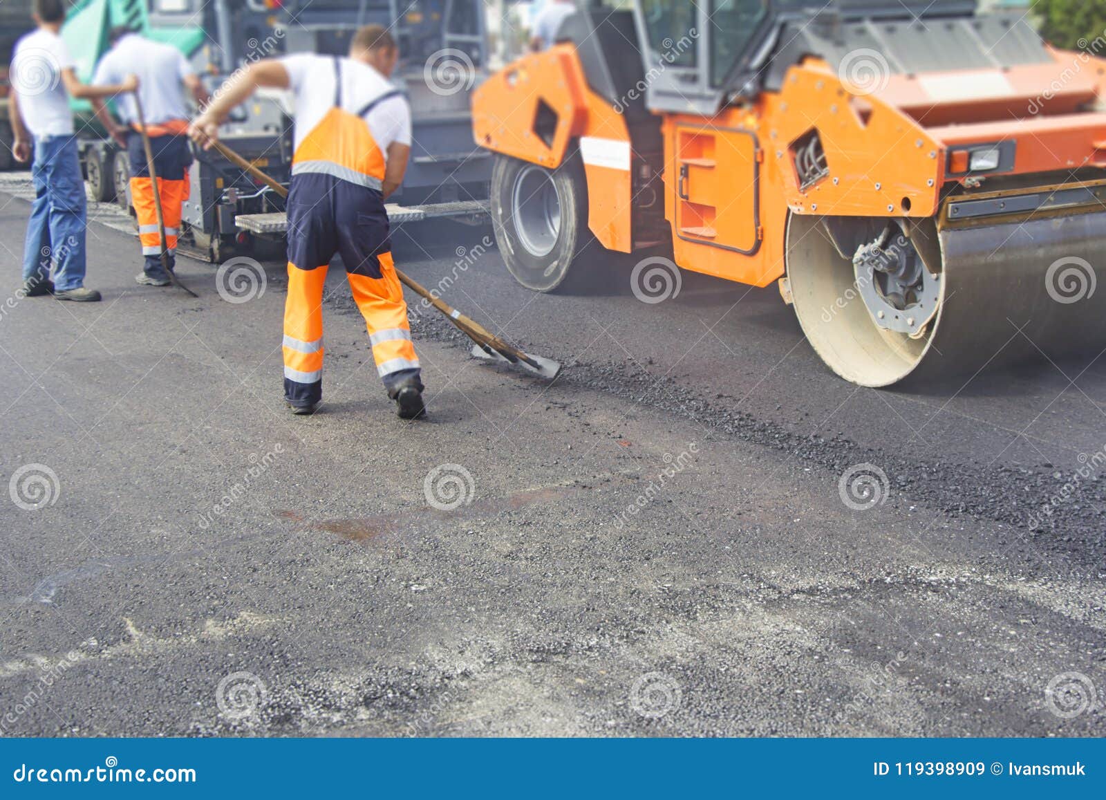 Construction Workers on Asphalting Stock Image - Image of paver ...