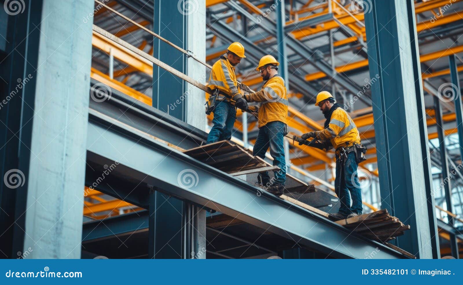 Construction Workers Assembling Steel Beams on a High-Rise Building ...