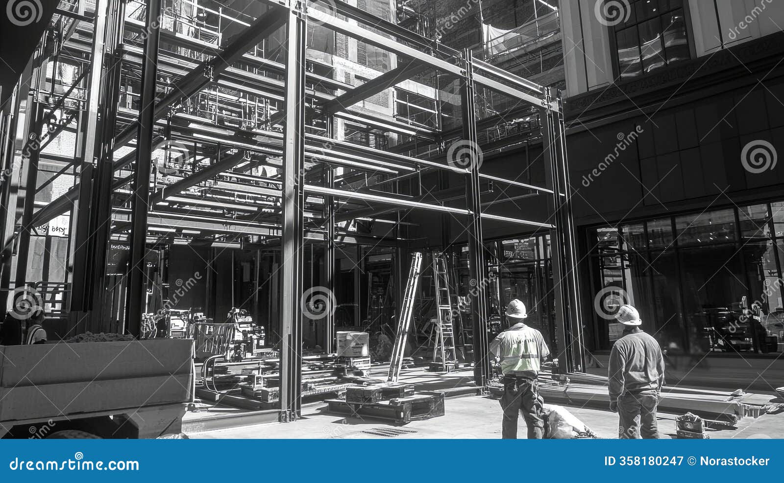 Construction Workers Assembling Steel Frames for a Commercial Building ...