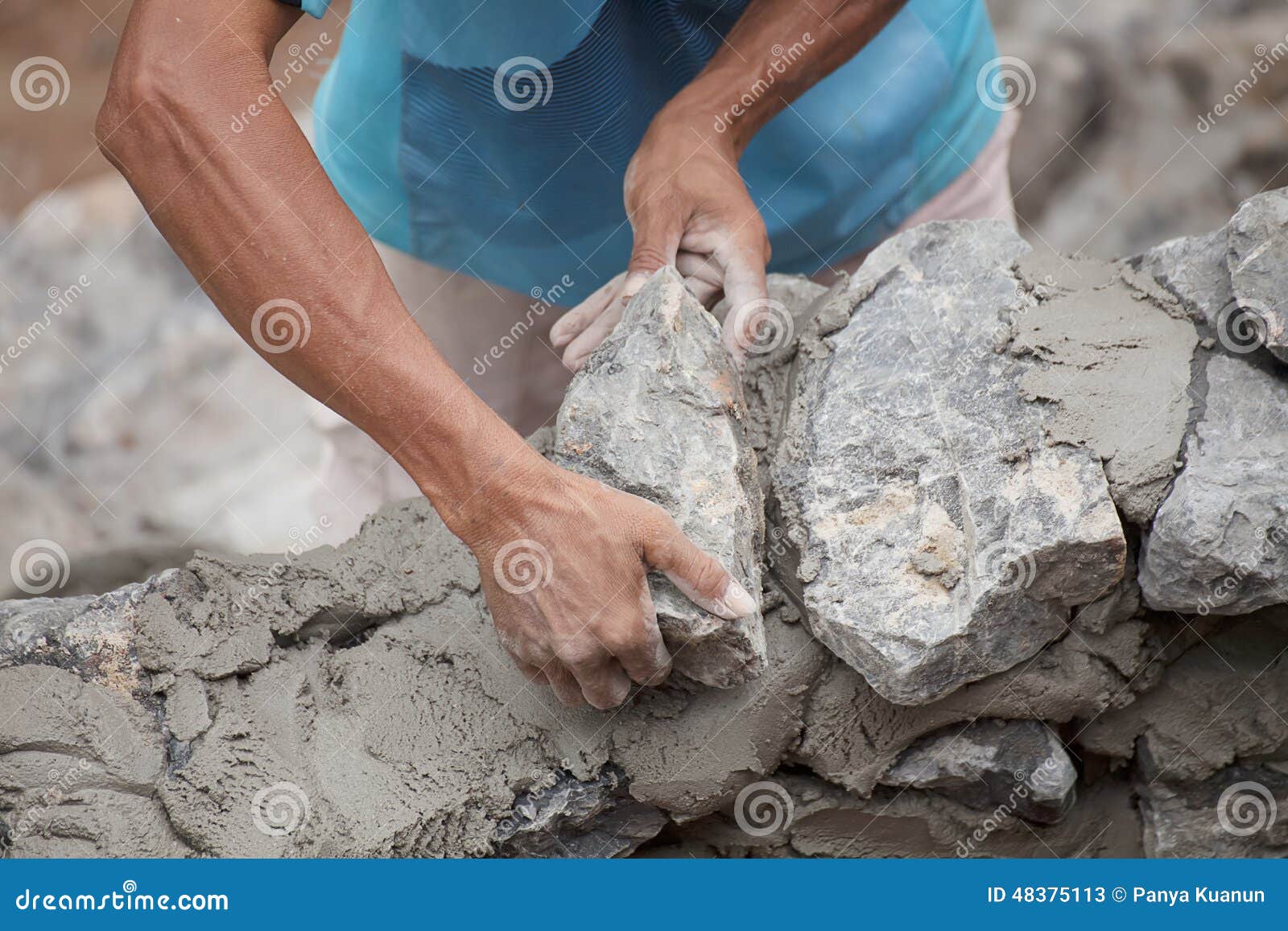 Construction Workers Build a Stone Wall Stock Image - Image of outdoors ...