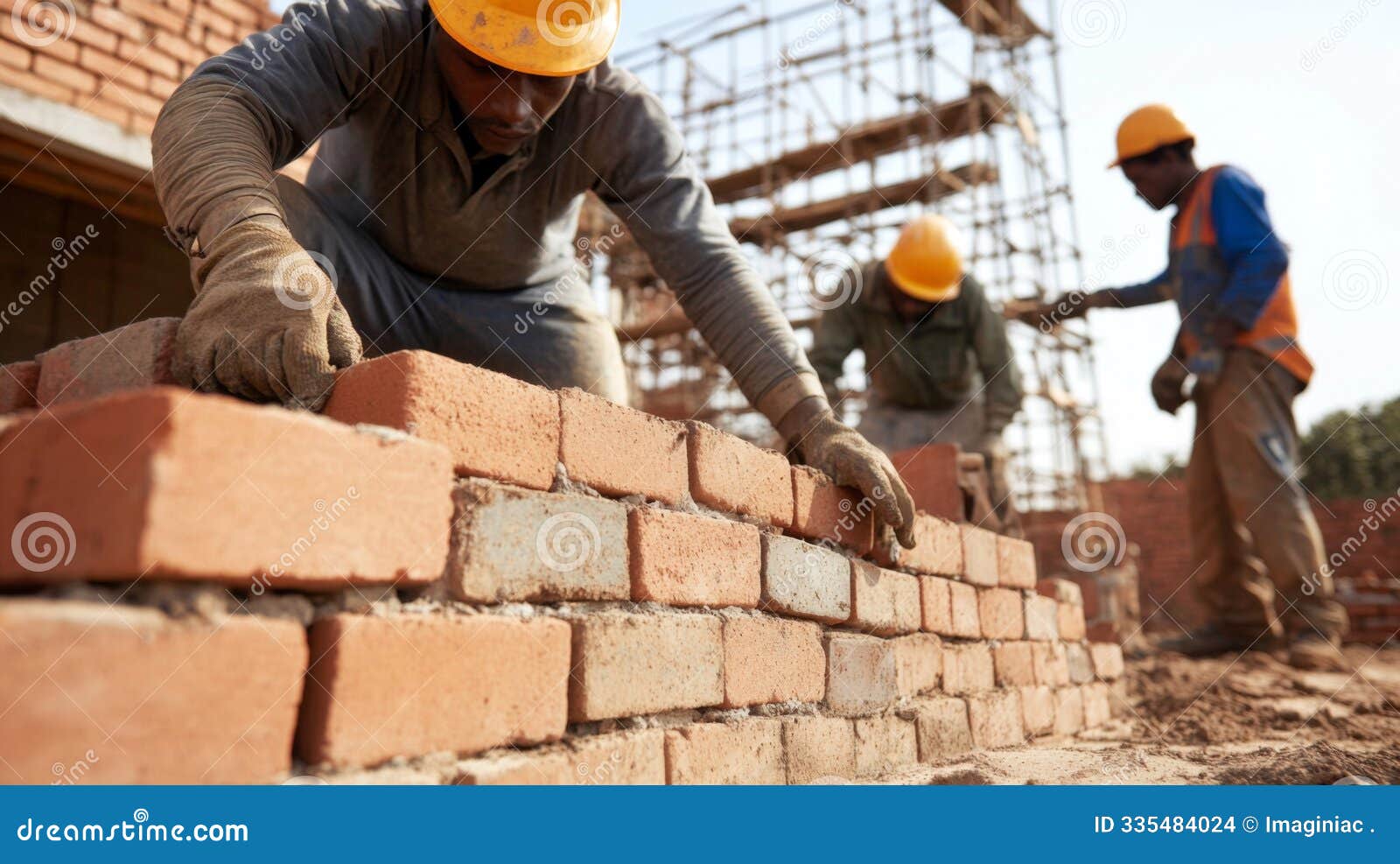 Construction Workers Building Brick Wall at Site Stock Illustration ...