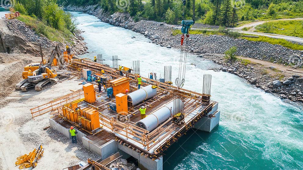 Construction Workers Building a Bridge Over a River Stock Photo - Image ...