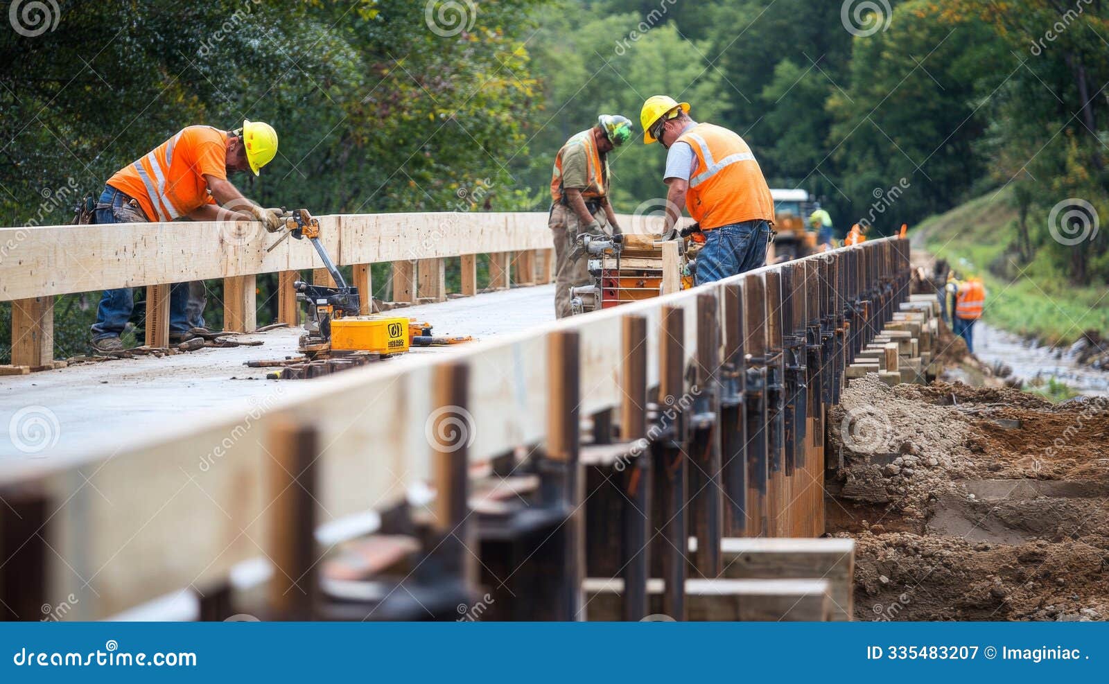 Construction Workers Building a Bridge Railing Stock Illustration ...