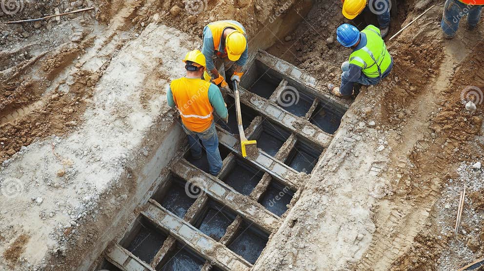 Construction Workers Building a Concrete Structure in a Trench Stock ...