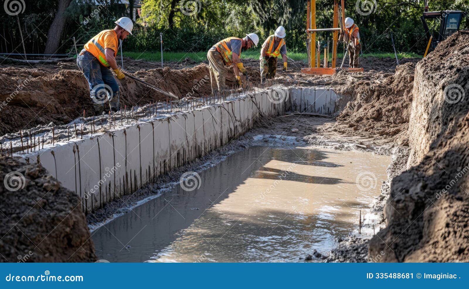 Construction Workers Building a Concrete Wall in a Ditch Stock ...
