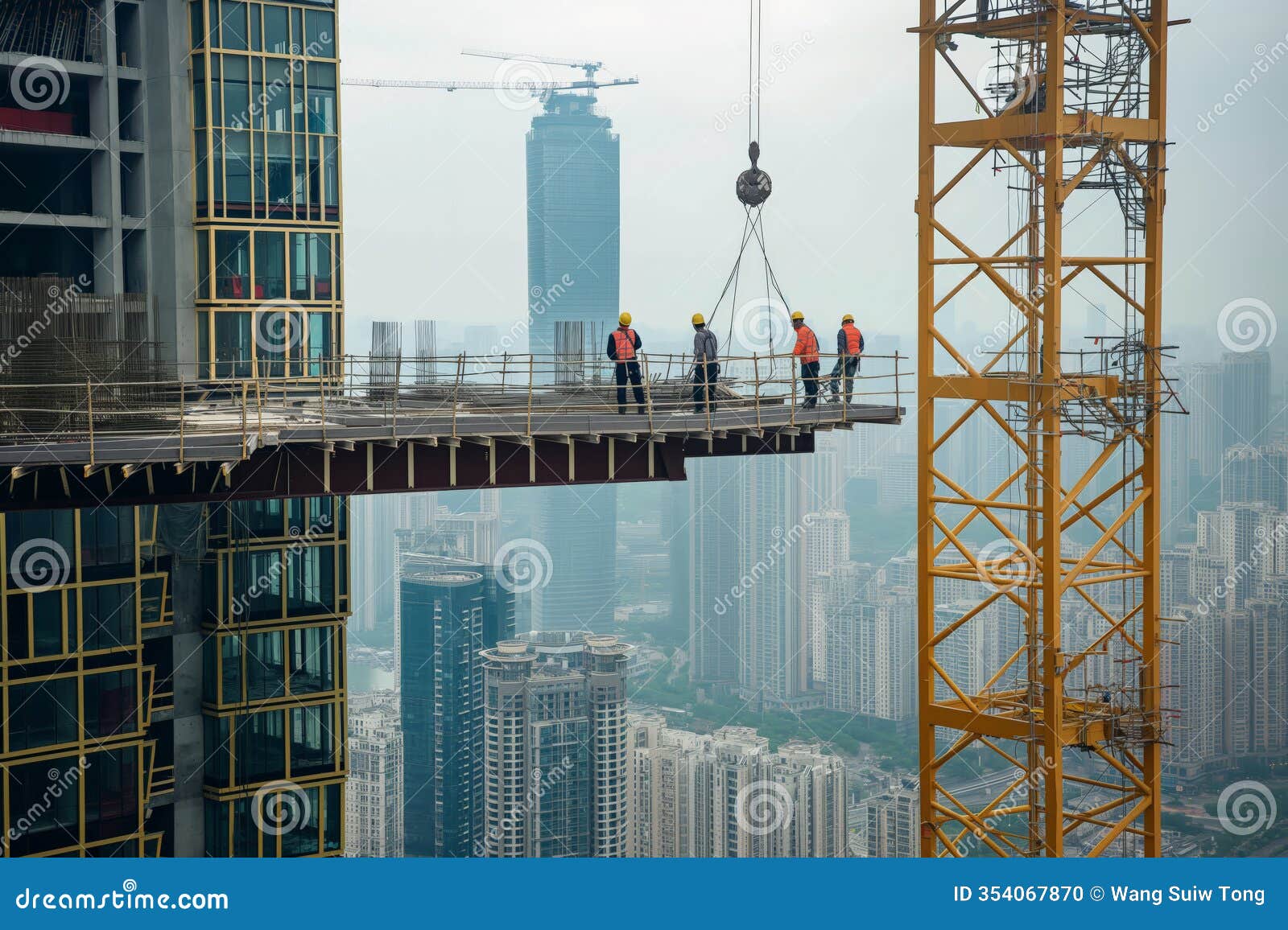 Construction Workers Building Modern Skyscraper Over City Skyline Stock ...