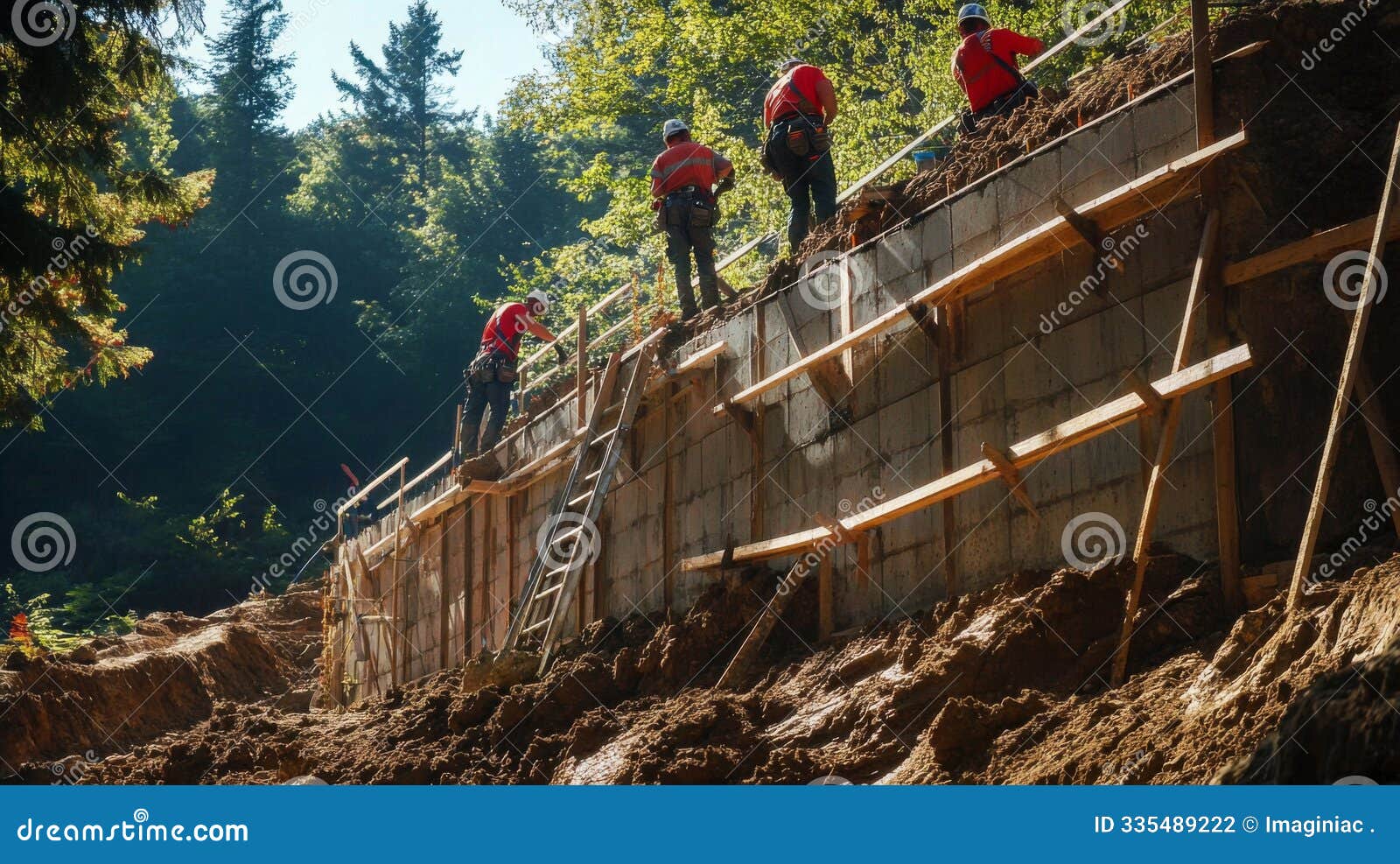 Construction Workers Building A Retaining Wall In A Forest Stock ...