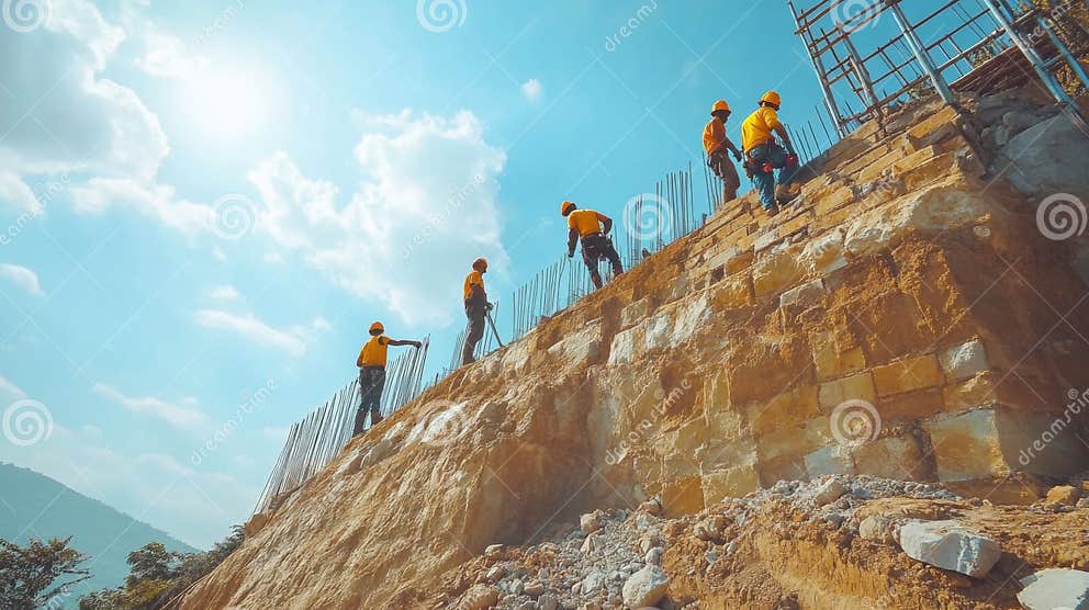 Construction Workers Building a Retaining Wall on a Hillside Stock Illustration - Illustration ...