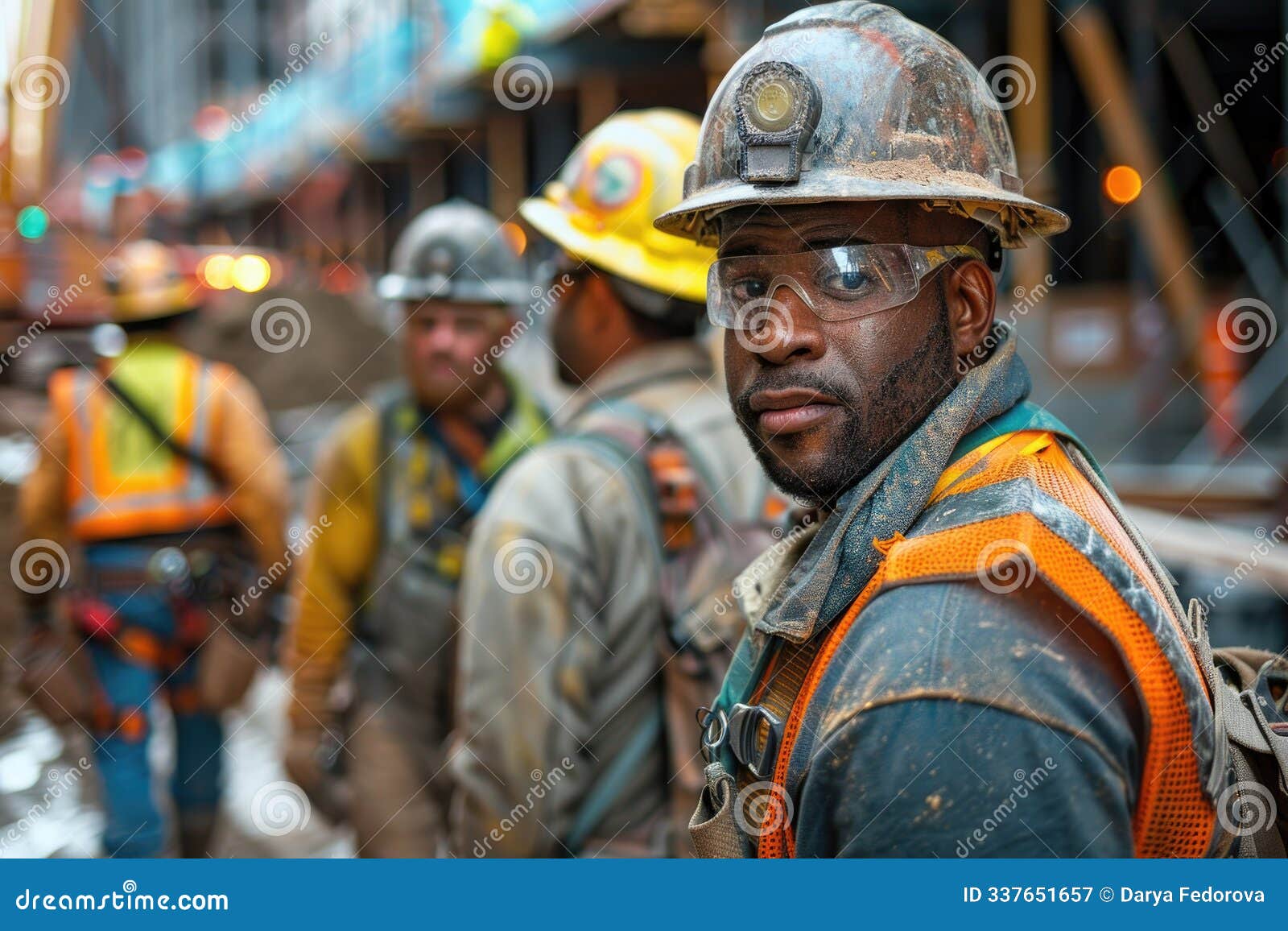 Construction Workers on Building Site Wearing Safety Gear and High ...