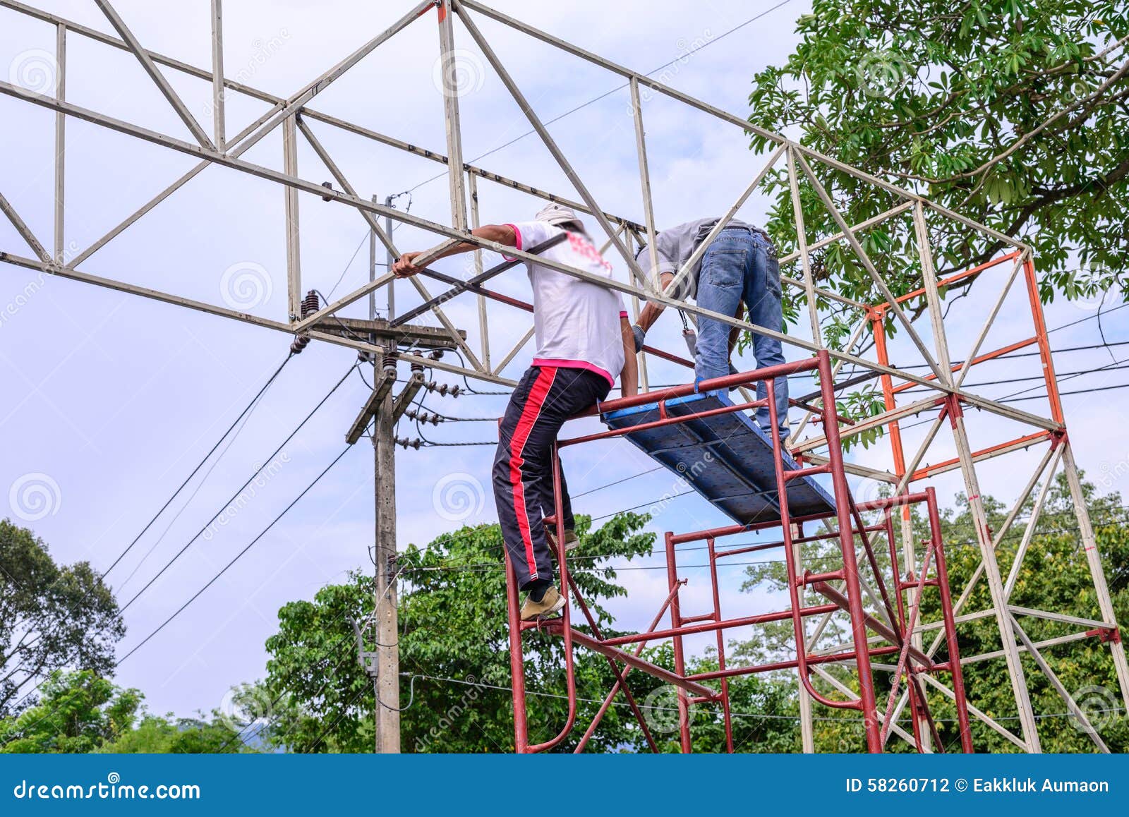 Construction Workers Building with Steel Structure Editorial ...