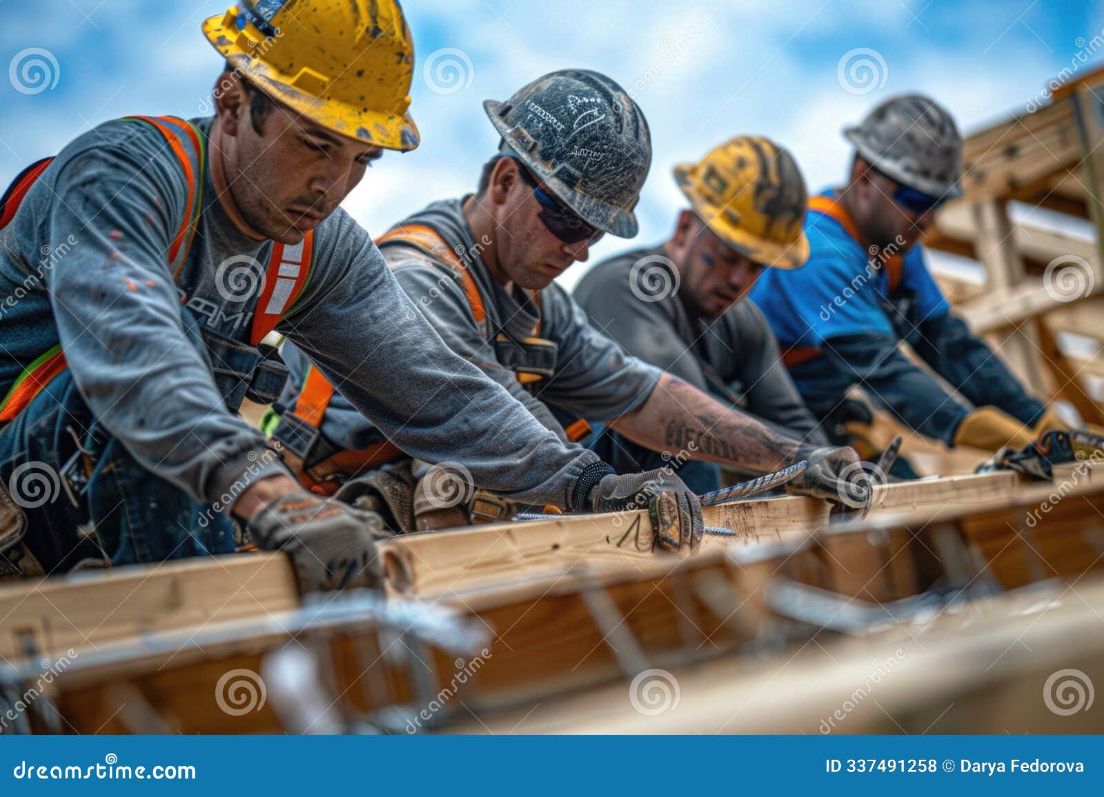 Construction Workers Building Wooden Framework on Site with Safety Gear ...