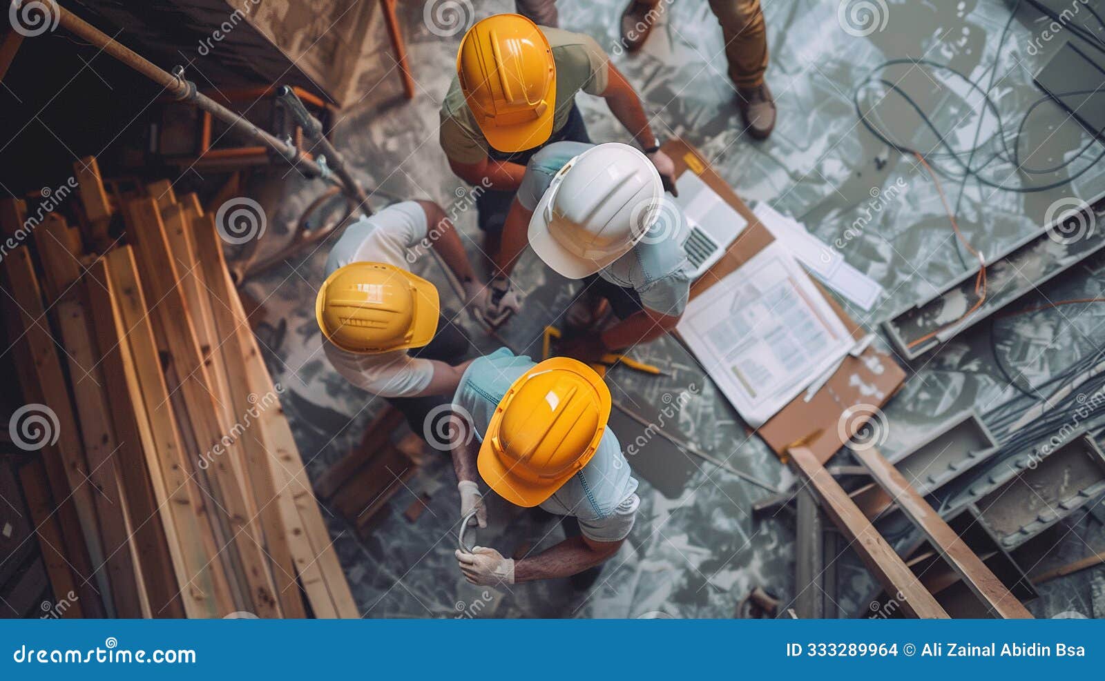 Two Workers Huddled Over A Table Studying A Set Of Drawings And ...