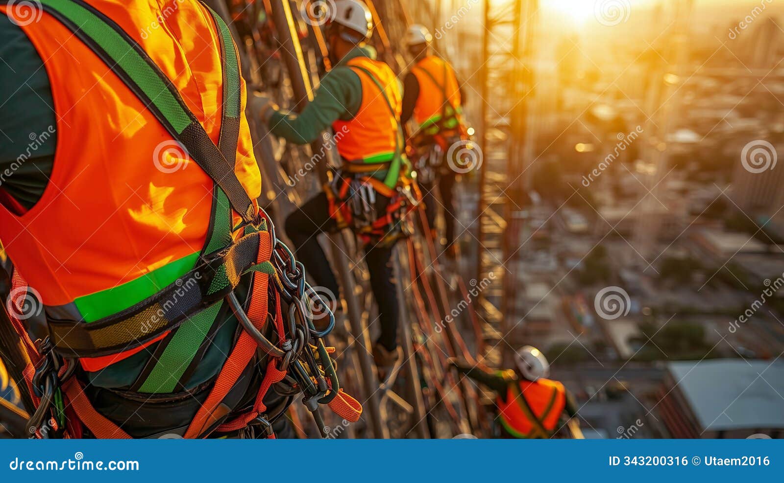 Construction Workers Climbing a Metal Structure at Sunset Over the City ...