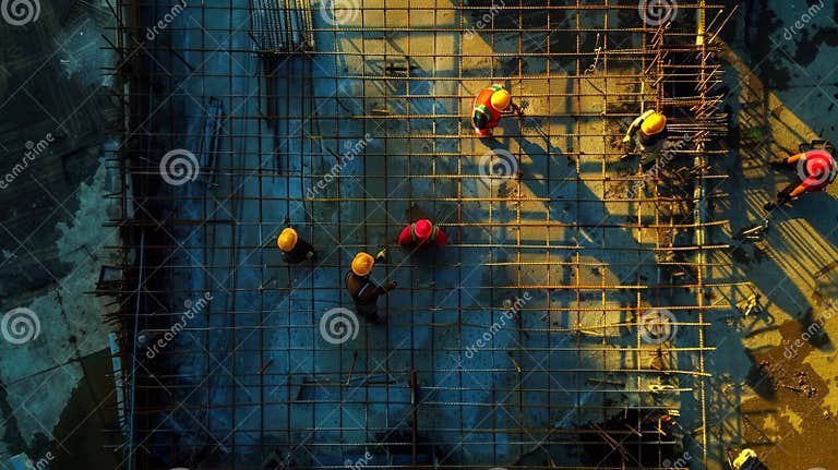 Construction Workers Collaborating on Building Site at Sunset. Concept ...