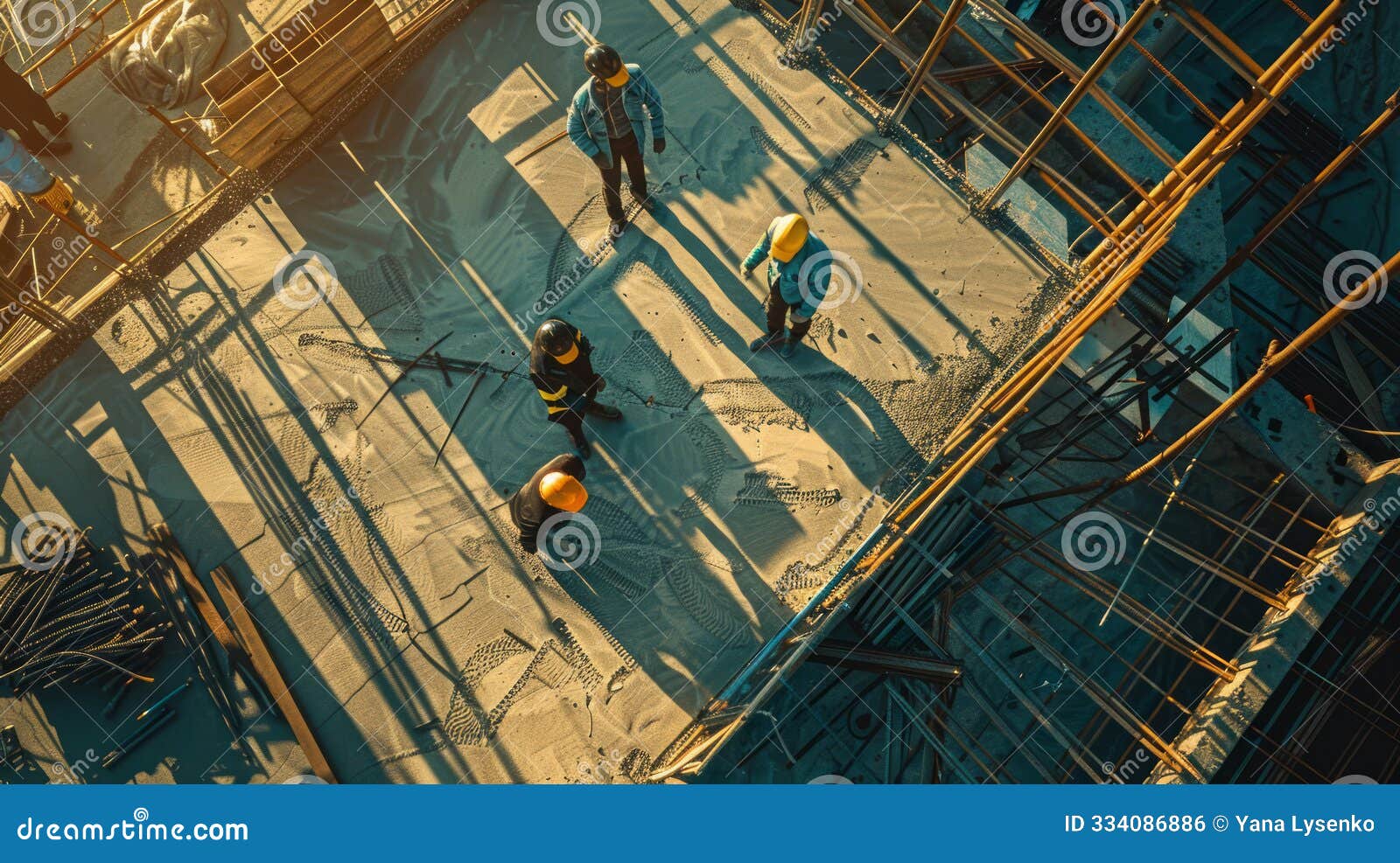 Construction Workers Collaborating on Building Site at Sunset. Concept ...