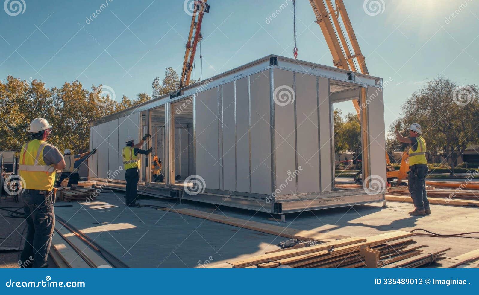 Construction Workers and Crane Lifting a Modular Building Section Stock ...