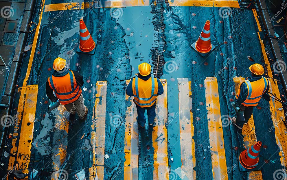 Construction Workers are Crossing the Street Stock Photo - Image of ...