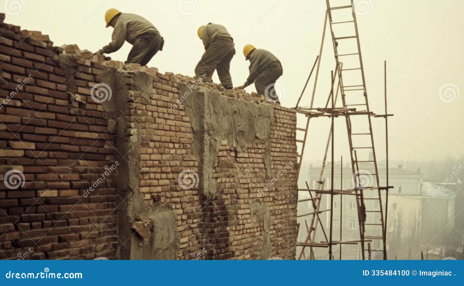 Construction Workers Demolishing A Brick Wall With A Ladder Royalty ...