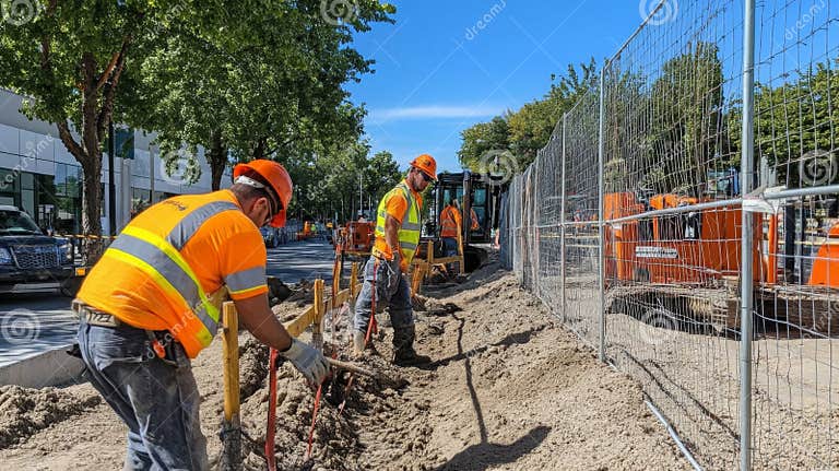 Construction Workers Digging Trench with Excavator Stock Illustration ...
