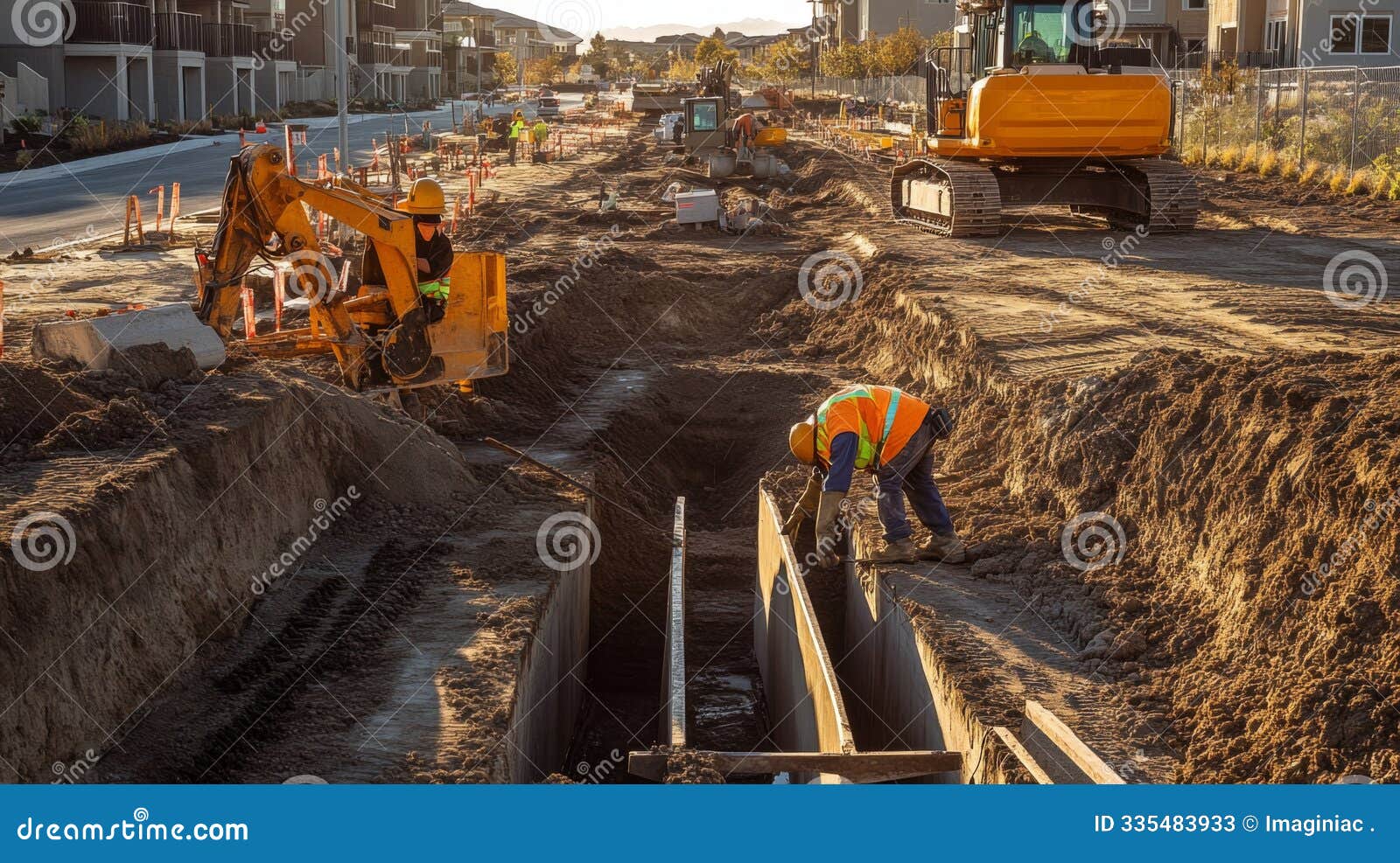 Construction Workers Digging Trench for Utility Lines in Residential ...