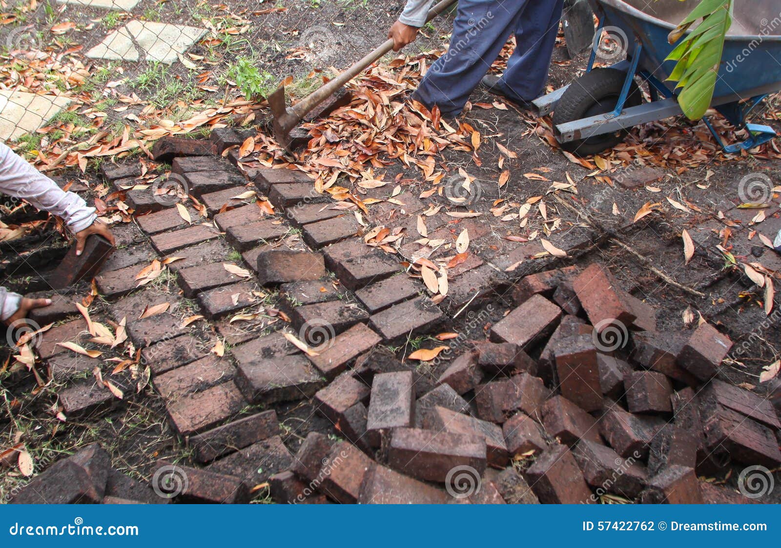 Construction Workers Digging Up Bricks Stock Photo - Image of vintage ...