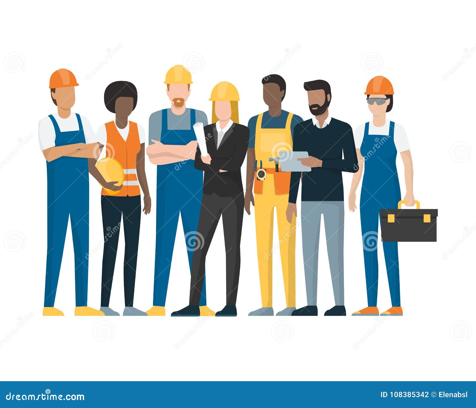 Construction Workers Wearing Yellow Helmet Differents Uniform And Tools ...