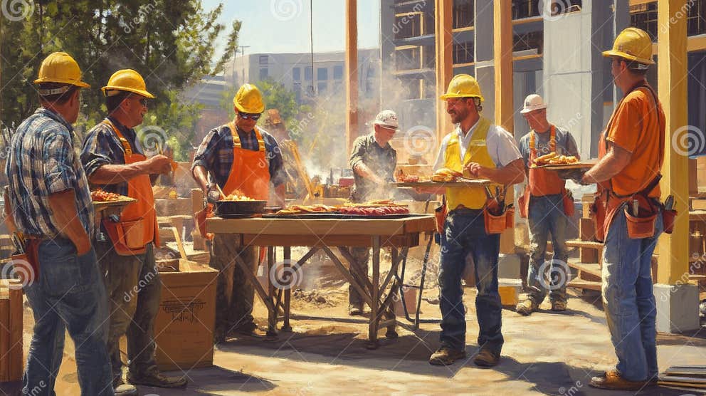 Construction Workers Enjoying a Barbeque Lunch Break Stock Illustration ...