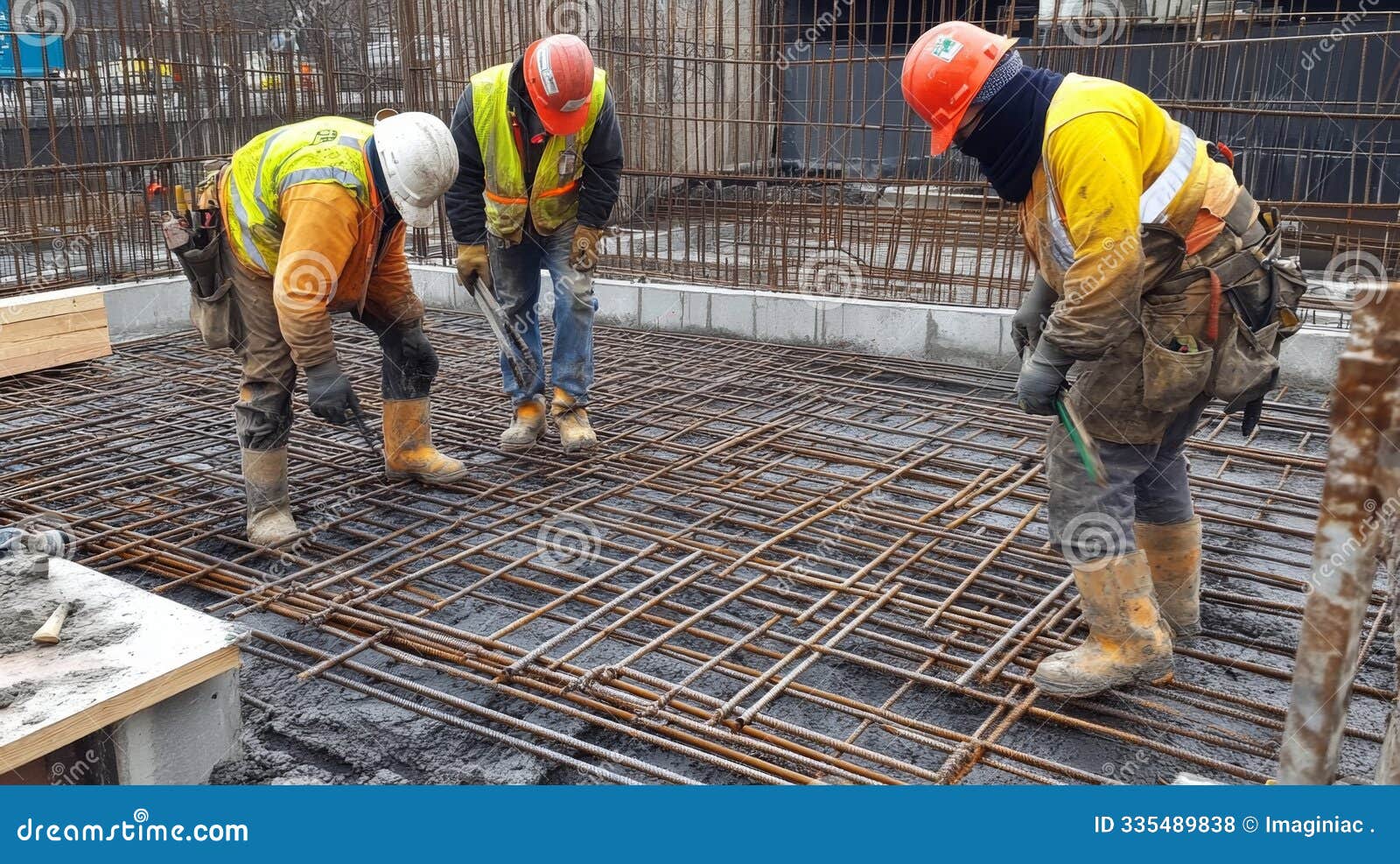 Construction Workers Examining Rebar Grid on Concrete Slab Stock ...