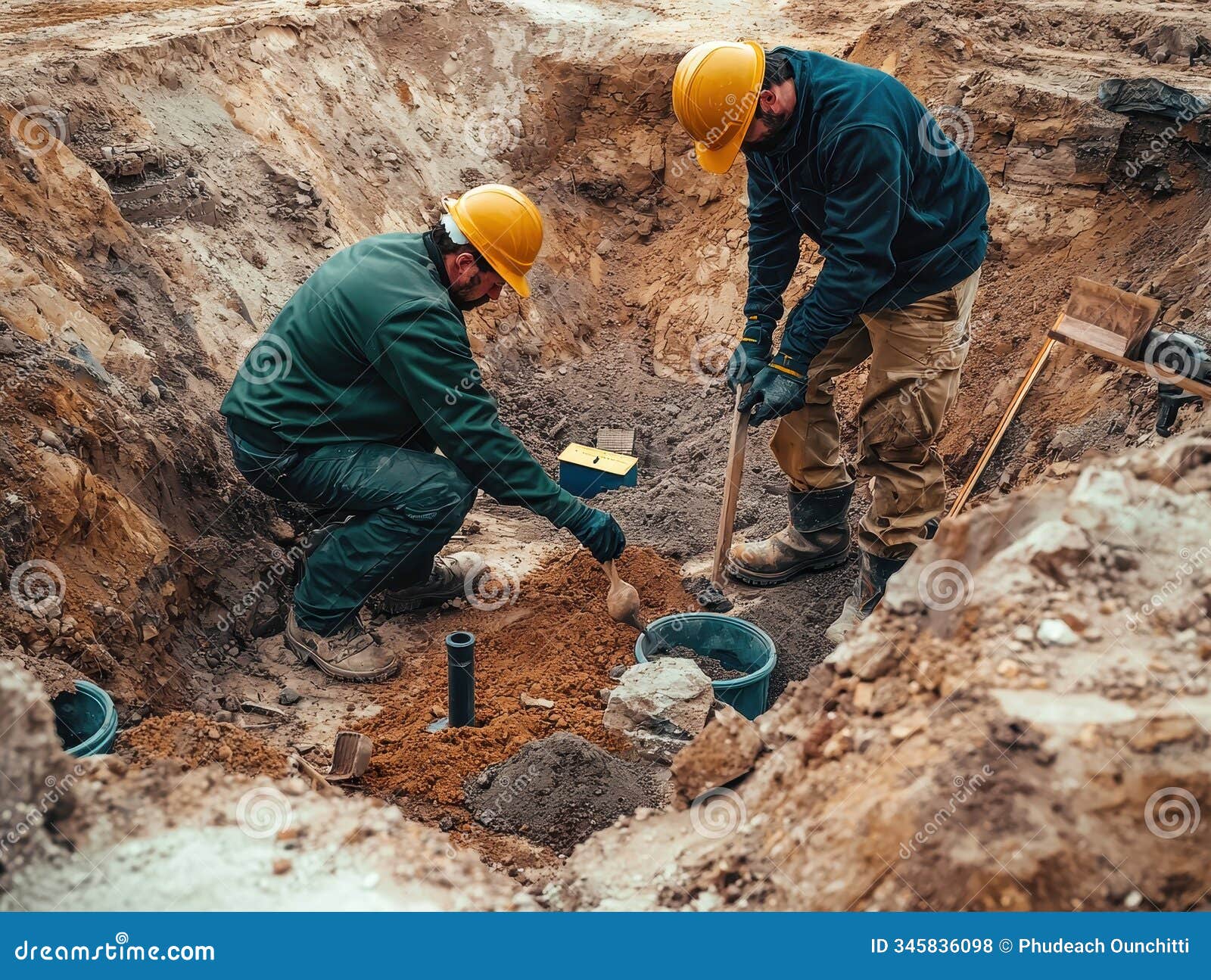 Construction Workers Excavate Ground for Utility Installation Using ...