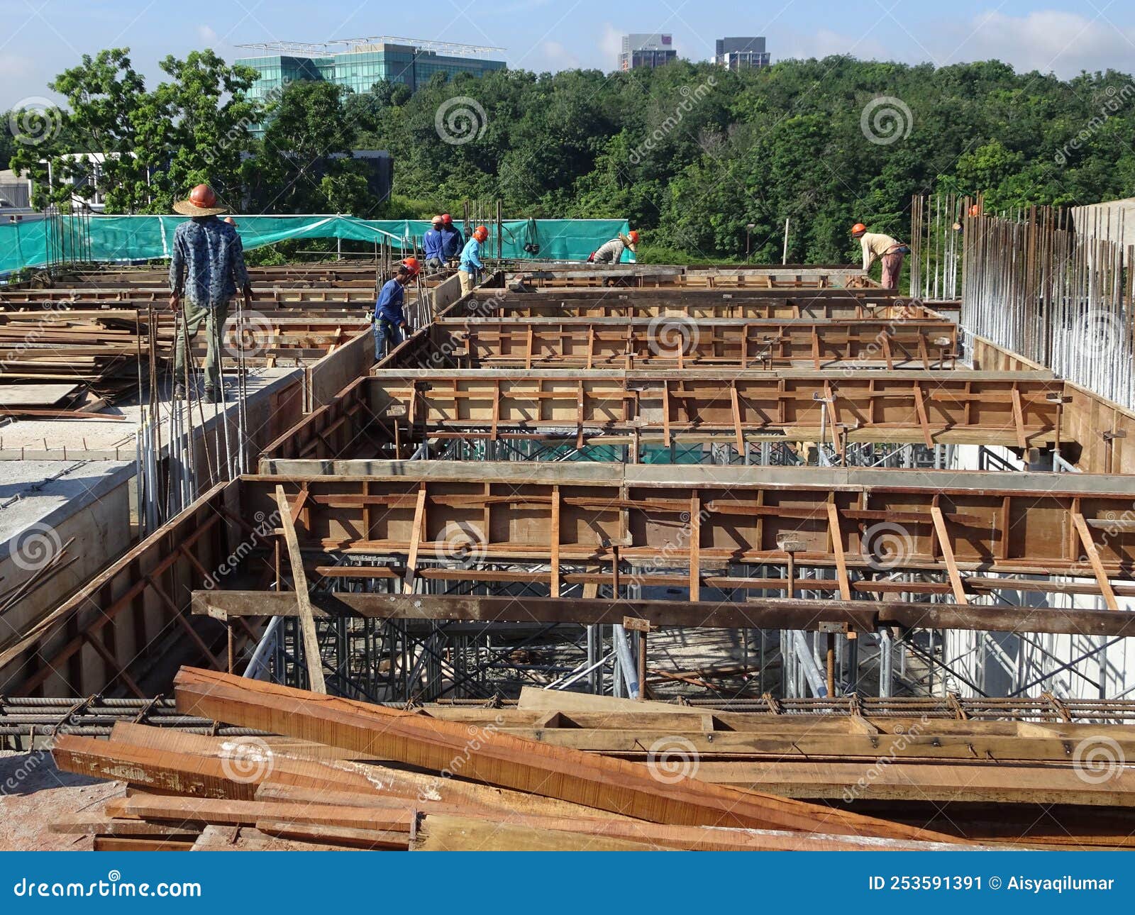 Construction Workers Fabricated Timber Form Work at the Construction ...