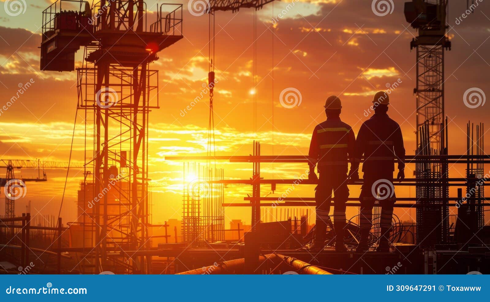 Construction Workers Facing Sunset at Building Site Stock Image - Image ...